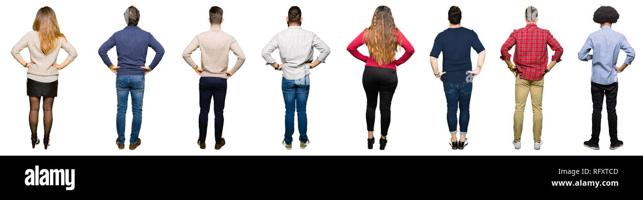 Collage of people over white isolated background standing backwards ...