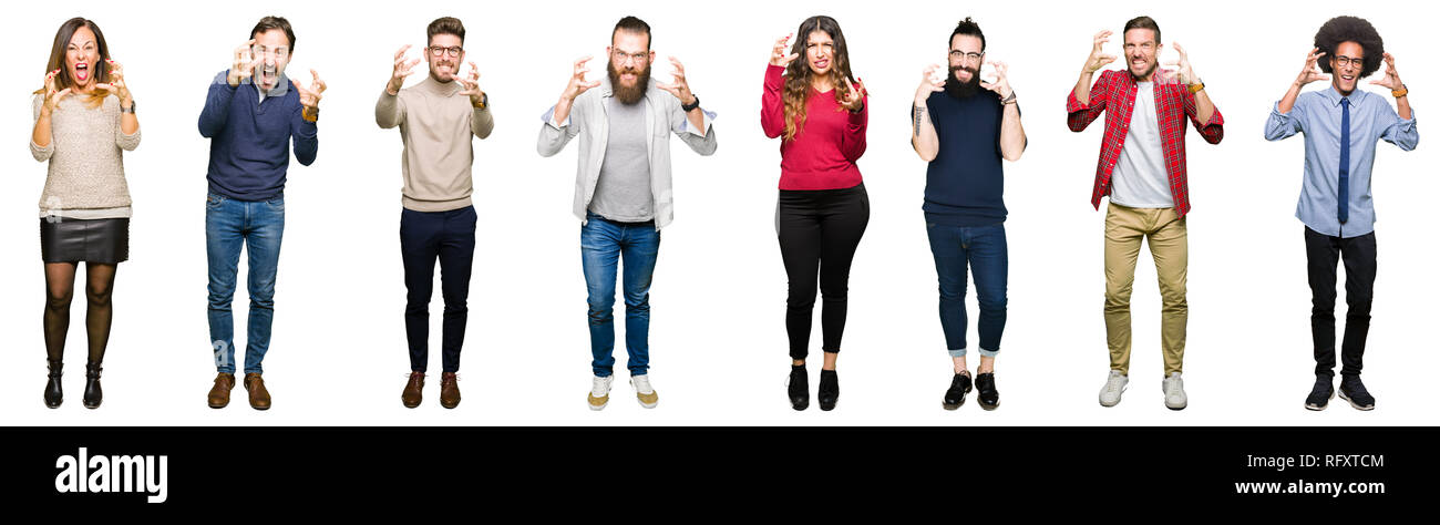 Collage of people over white isolated background Shouting frustrated ...