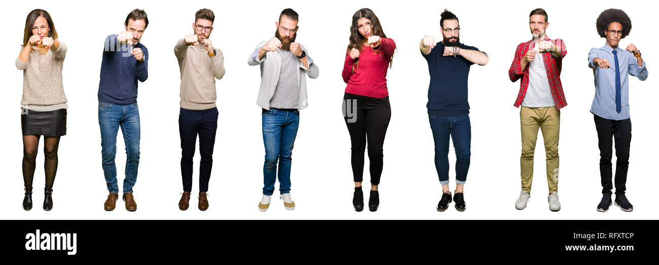 Collage of people over white isolated background Punching fist to fight ...
