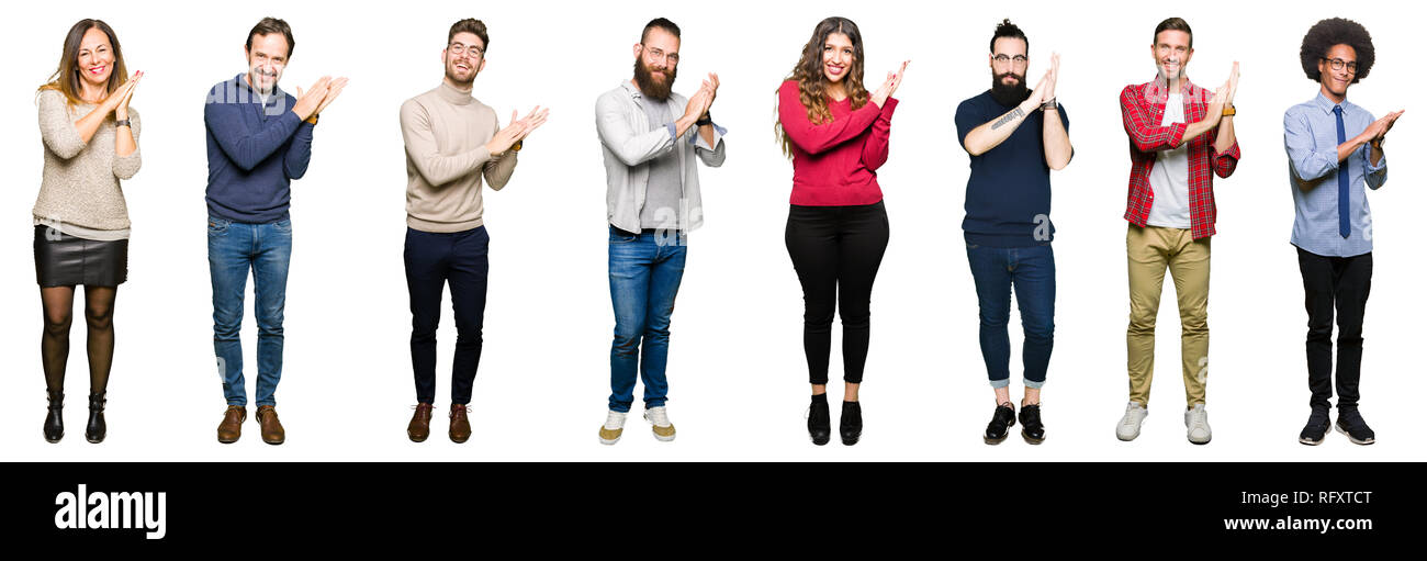 Collage of people over white isolated background Clapping and ...