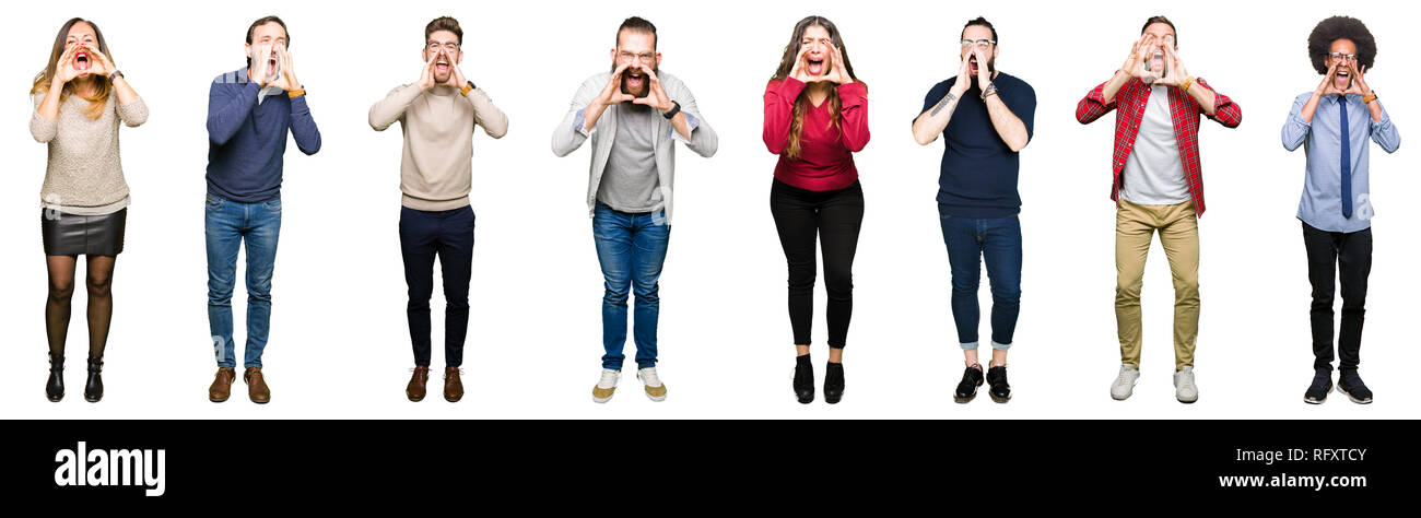 Collage of people over white isolated background Shouting angry out ...