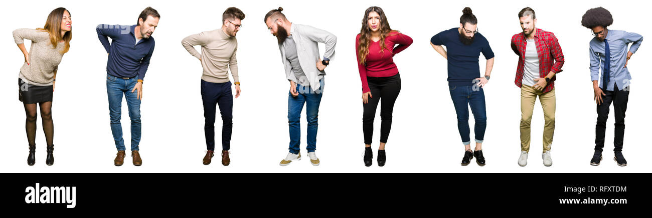 Collage of people over white isolated background Suffering of backache ...