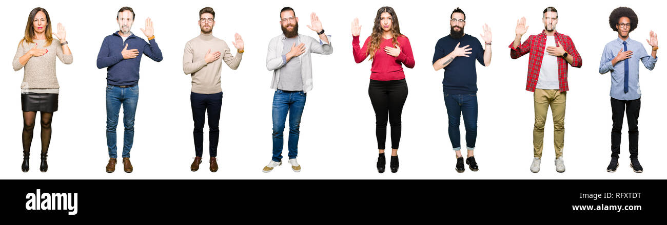 Collage of people over white isolated background Swearing with hand on ...