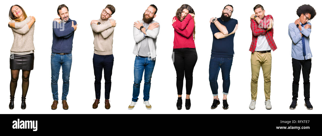 Collage of people over white isolated background Hugging oneself happy ...