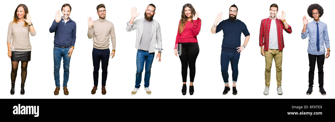 Collage of people over white isolated background Waiving saying hello ...