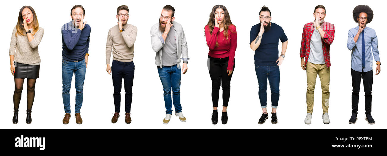 Collage of people over white isolated background hand on mouth telling ...