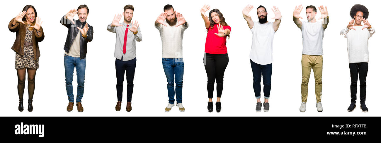 Collage of people over white isolated background Smiling doing frame ...