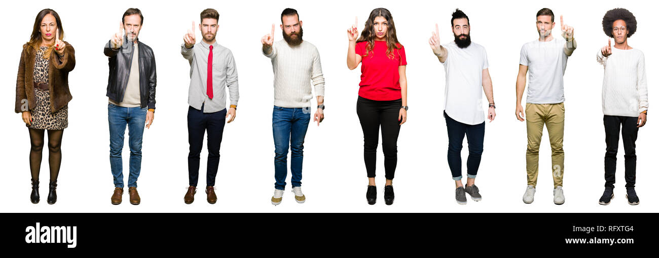Collage of people over white isolated background Pointing with finger ...