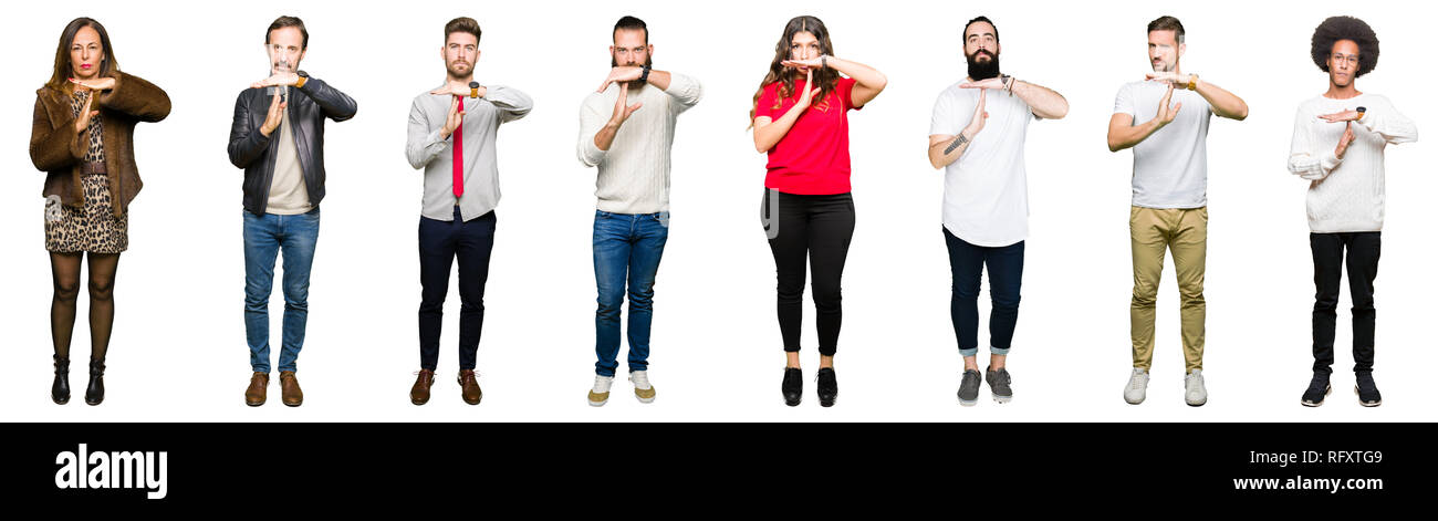 Collage of people over white isolated background Doing time out gesture ...
