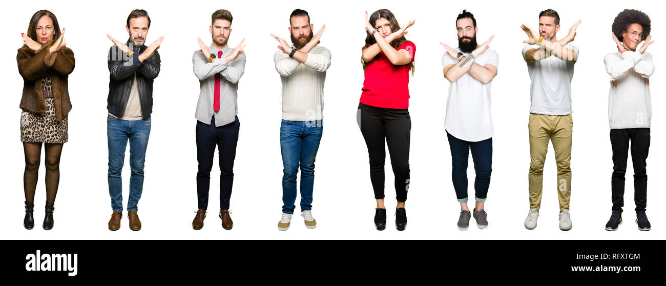 Collage of people over white isolated background Rejection expression ...