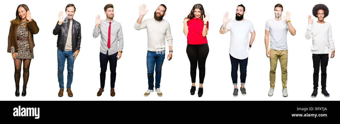 Collage of people over white isolated background Waiving saying hello ...