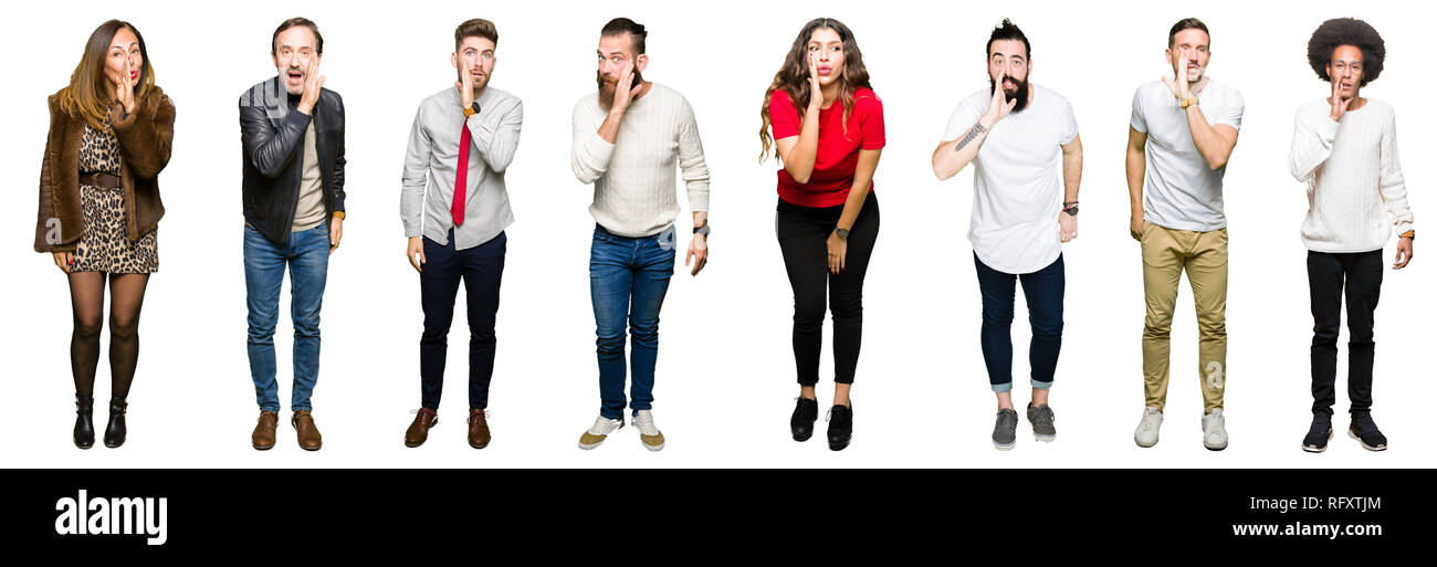Collage of people over white isolated background hand on mouth telling ...