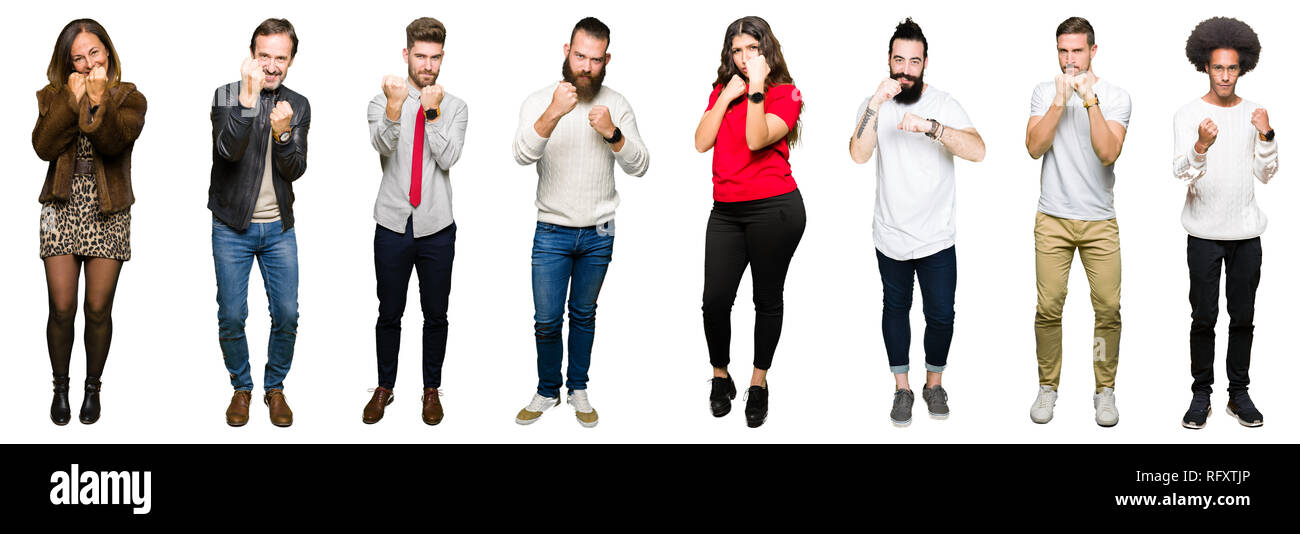 Collage of people over white isolated background Ready to fight with ...