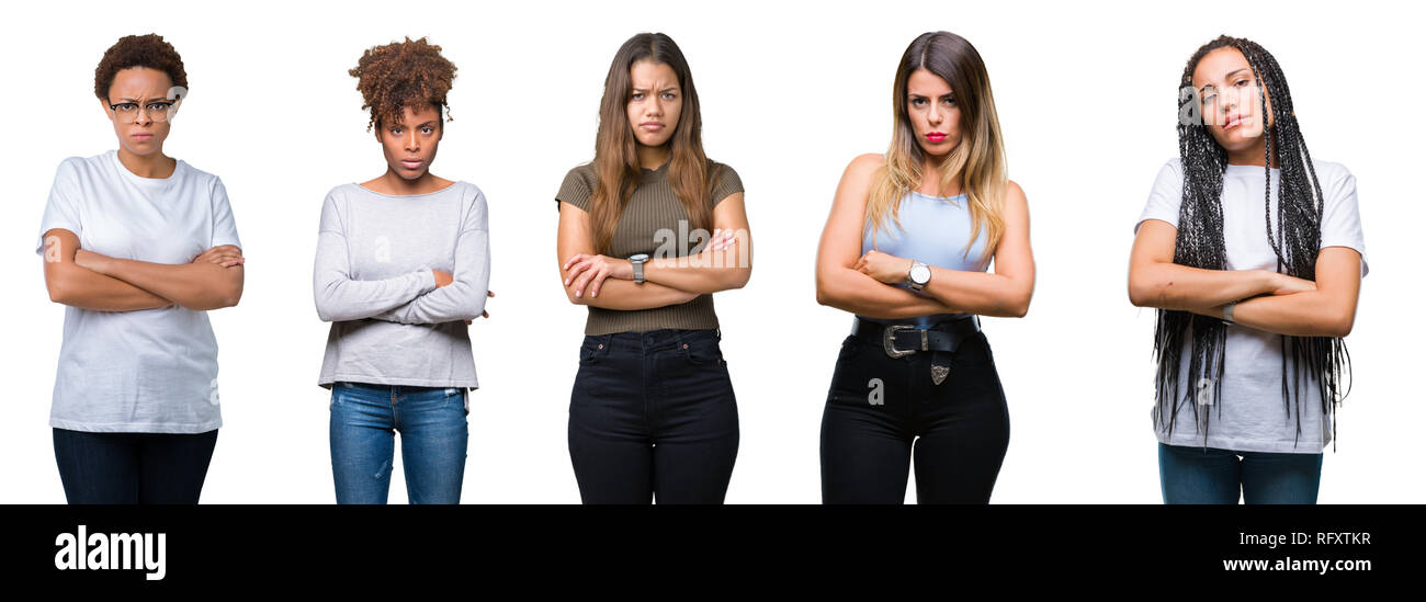 Collage of group of young women over isolated background skeptic and ...