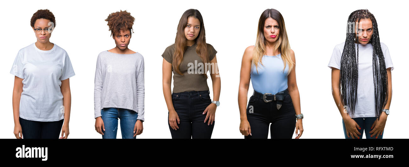 Collage of group of young women over isolated background skeptic and ...