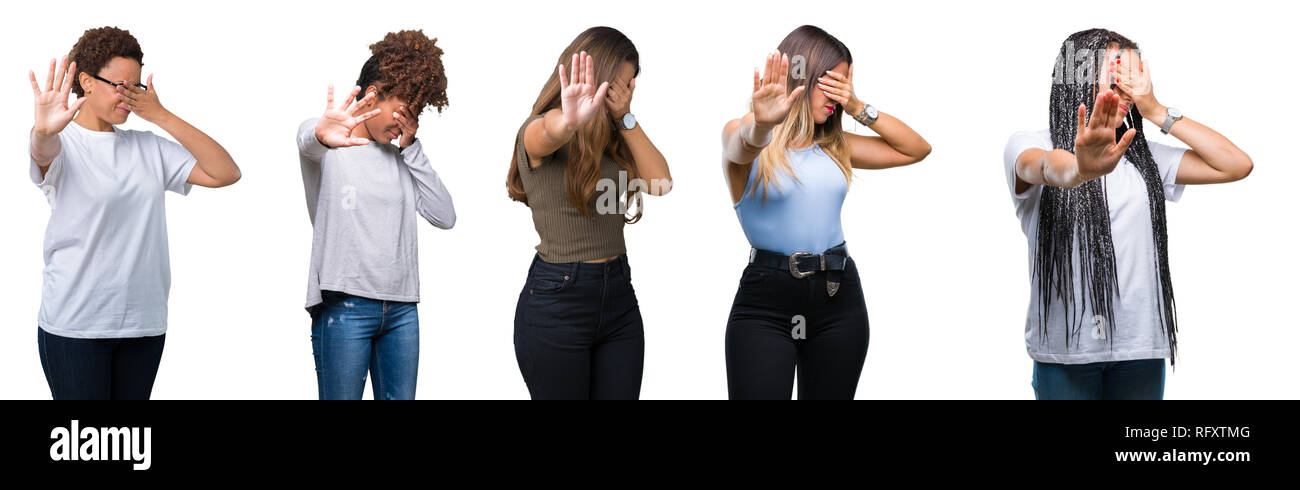 Collage of group of young women over isolated background covering eyes ...