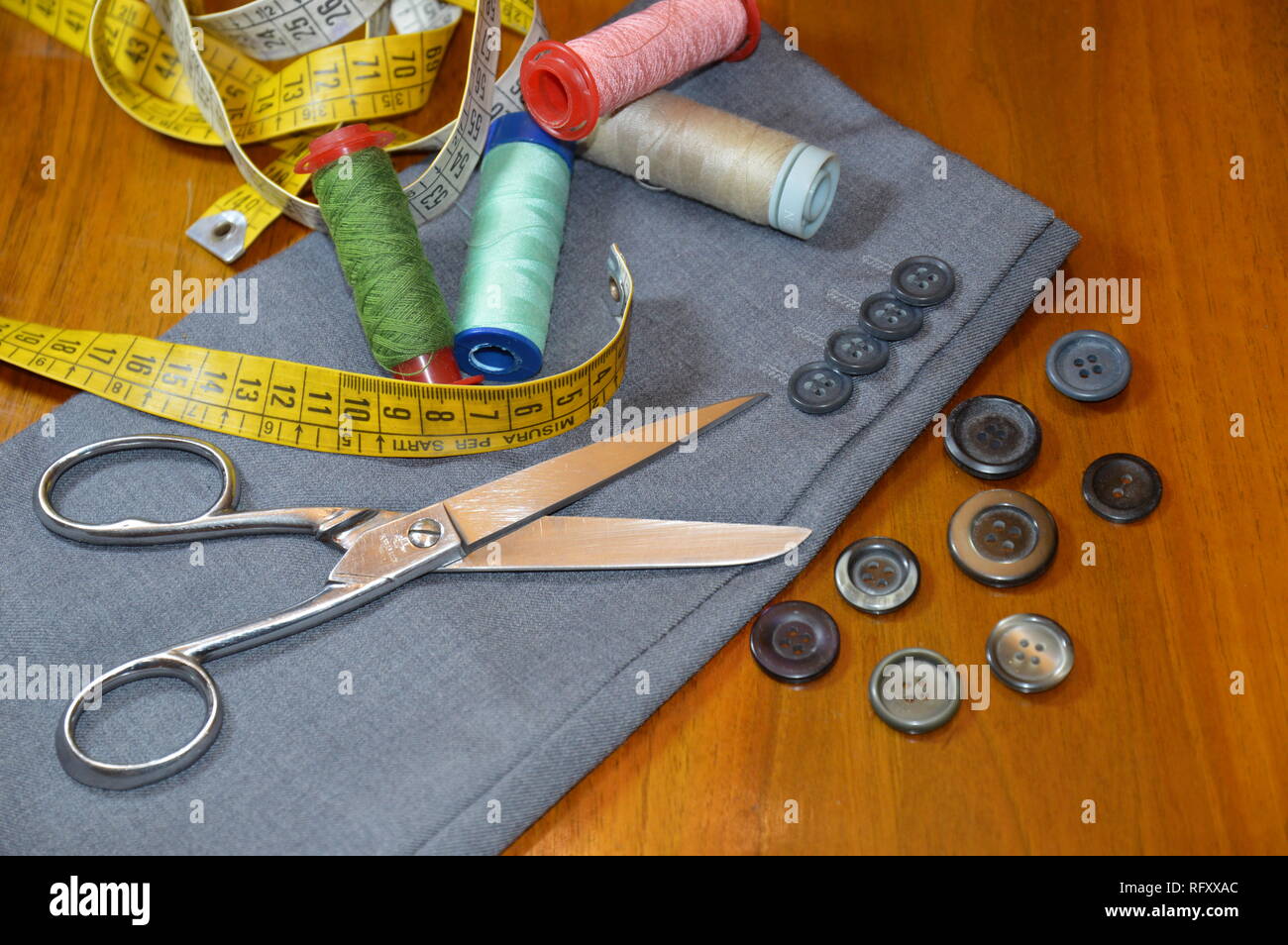 fashion clothing cotton button scissors tailoring Stock Photo - Alamy