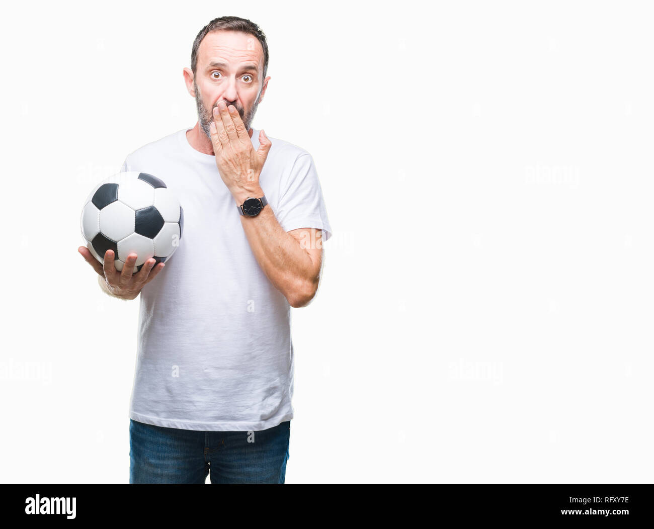 Middle age hoary senior man holding soccer football ball over isolated ...