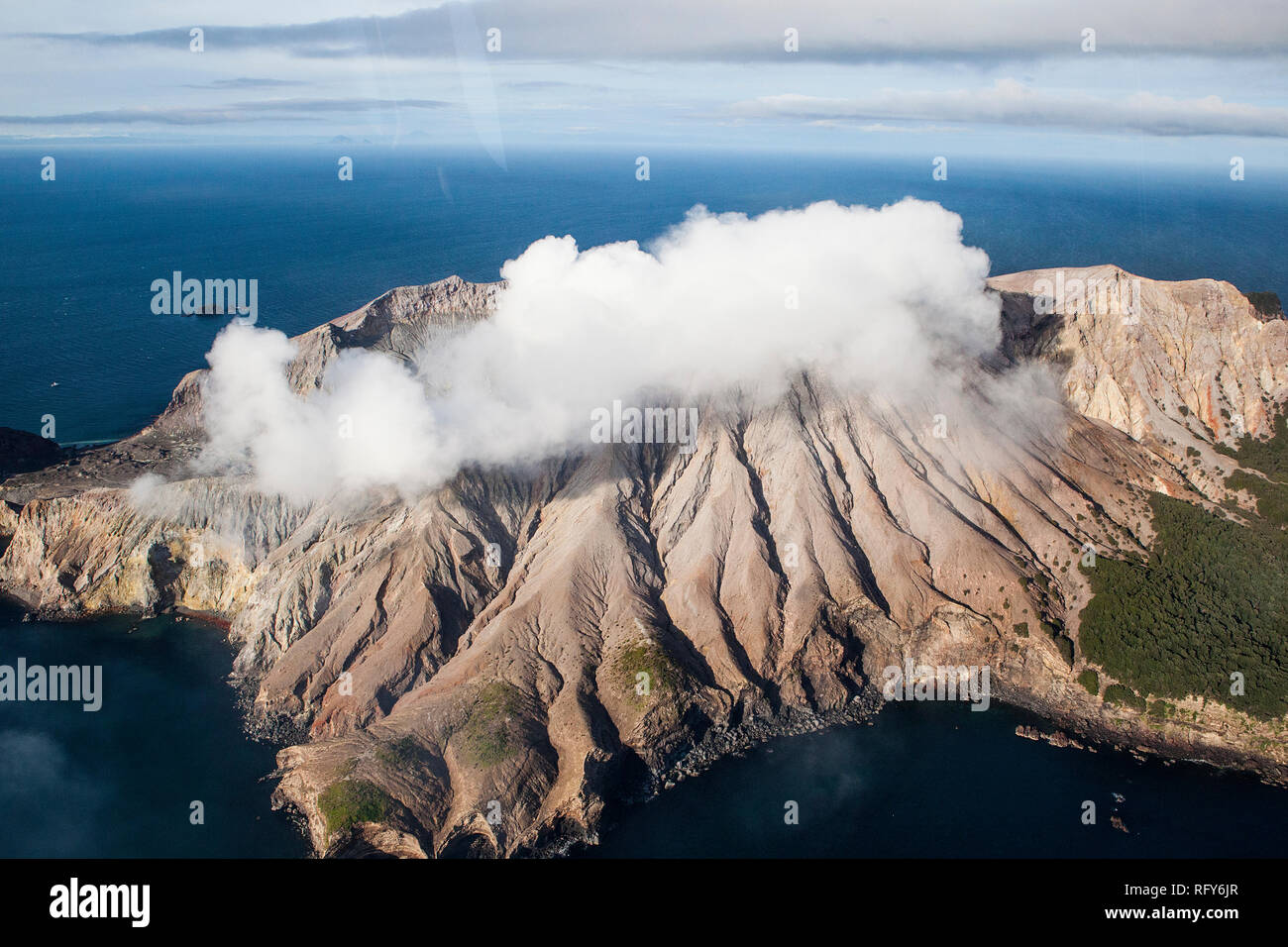 Whakaari, White Island, billowing steam and gas, close up, seen from ...