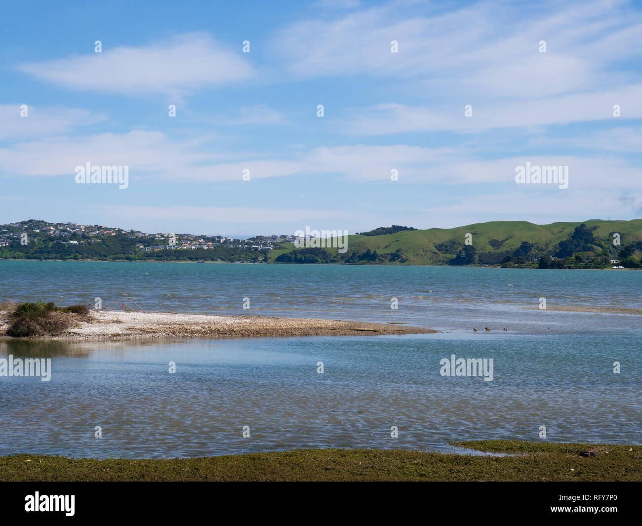 Scenic view across the water of Pauatahanui Inlet towards rolling green ...