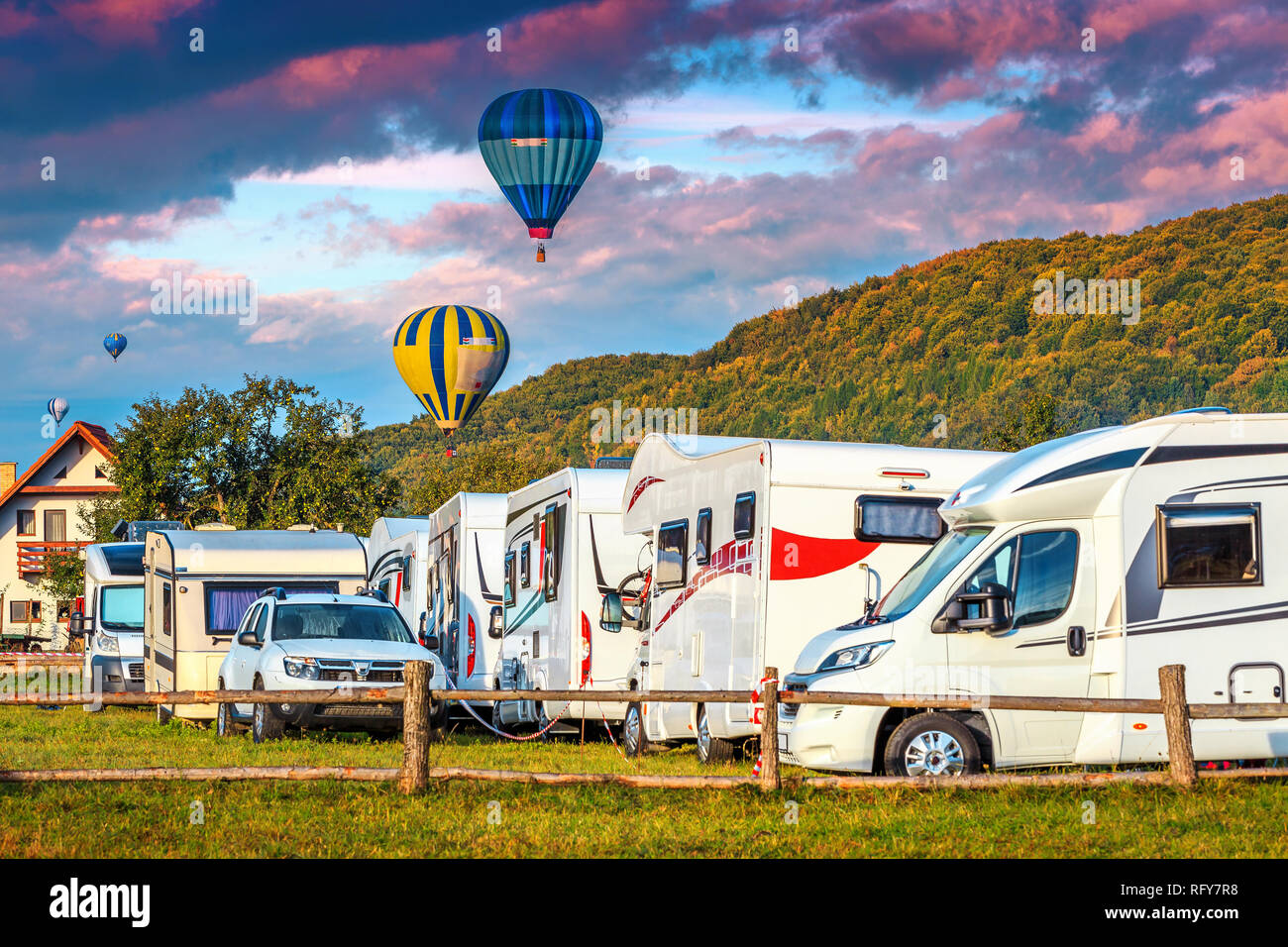 Amazing colorful hot air balloons at sunrise. Recreation vehicle rv ...