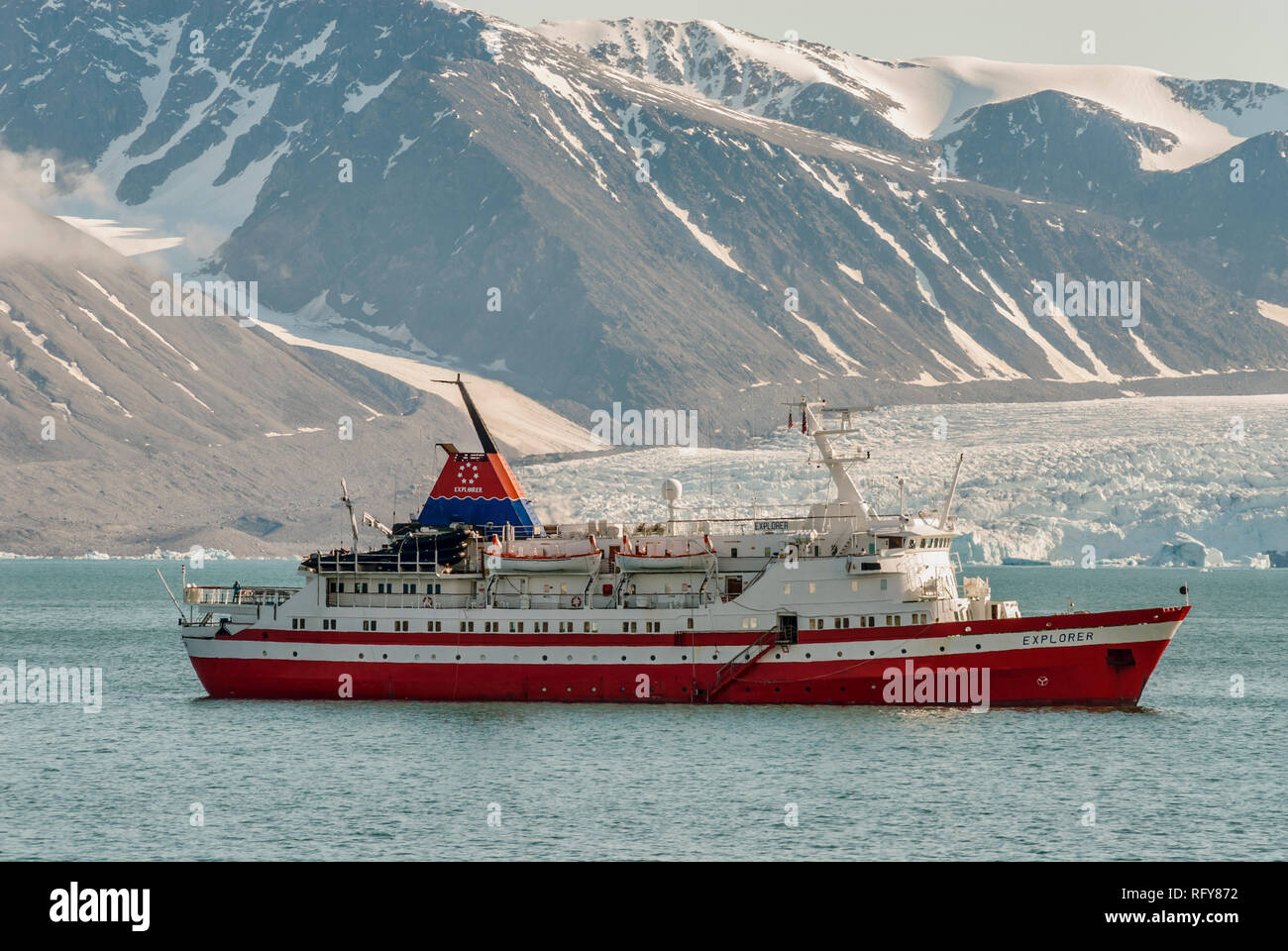 MV Explorer in the harbor of Ny Alesund, Svalbard, Spitzbergen, Norway ...