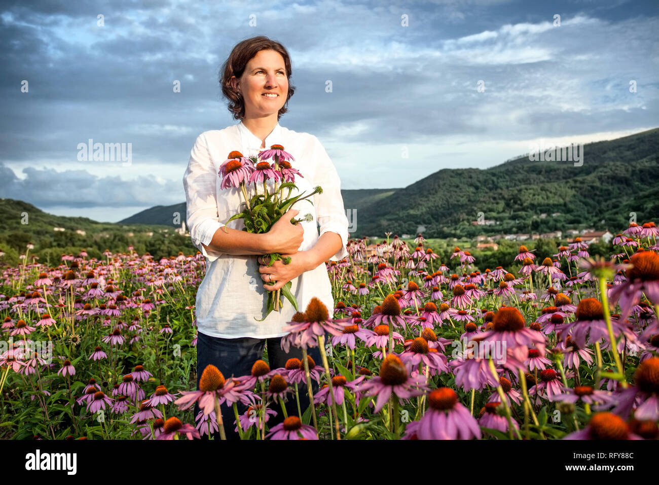 Real farmer woman in coneflower field Stock Photo - Alamy