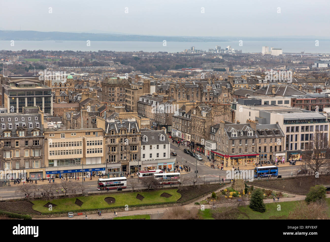 View of Edinburgh city on a winters day from high at Edinburgh castle ...