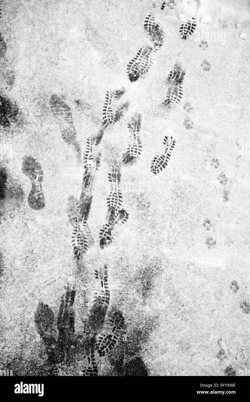Shoe prints on winter sidewalk covered with snow Stock Photo - Alamy