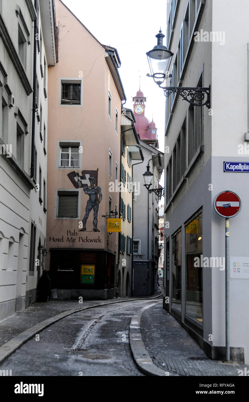 An old side street , Rathausquai off the Rapellplatz in Luzern in ...
