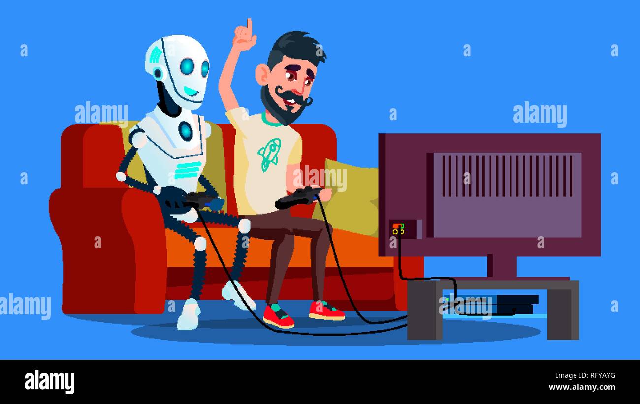 Robot Playing Video Game With Friend Vector. Isolated Illustration ...
