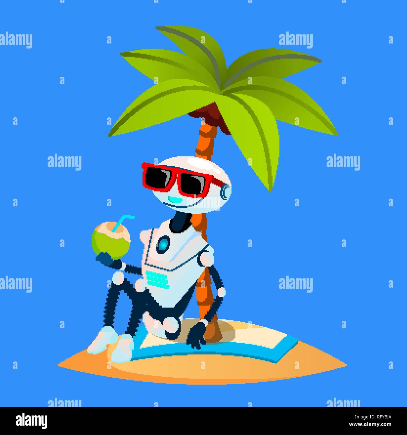 Robot On Vacation Sunbathes Under Palm On The Beach Vector. Isolated ...