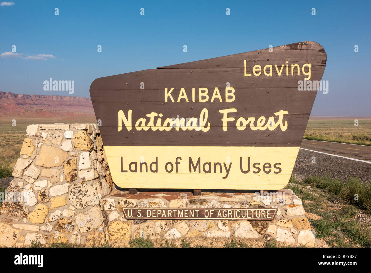 Road sign indicating the visitor has left the Kaibab National Forest, Vermilion Cliffs National ...