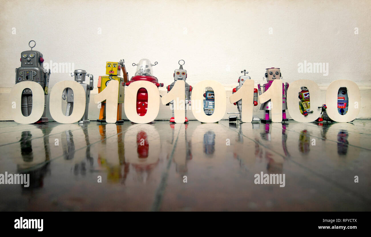 a line of retro bots on a wooden floor with 0,s and 1,s binary code ...