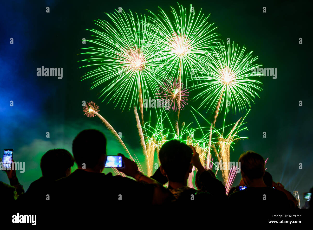 Crowd watching fireworks and celebrating city founded. Beautiful ...