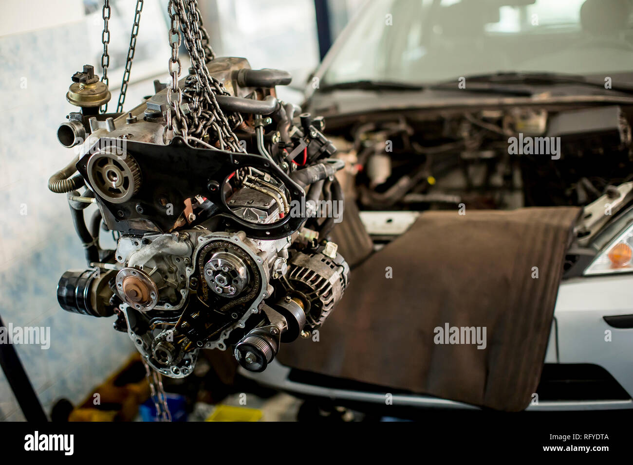 Close up view at car engine in the service Stock Photo - Alamy
