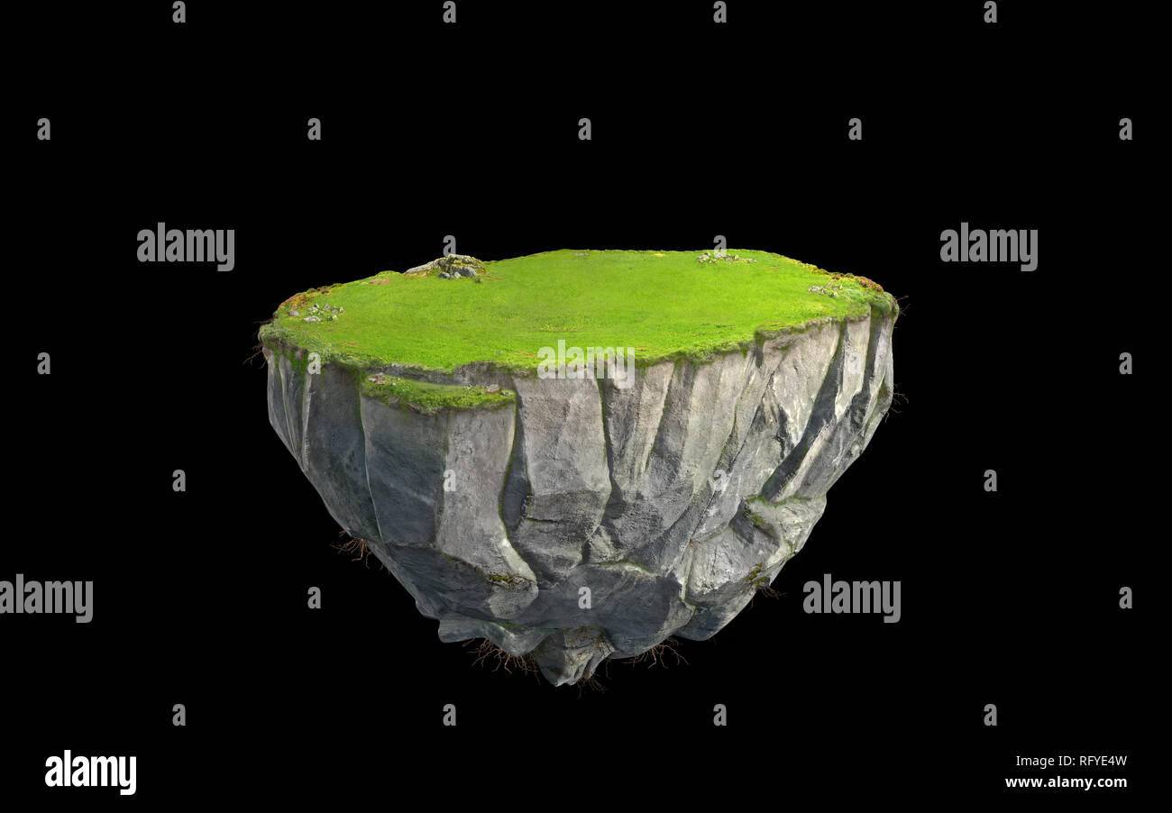 3D fantasy floating island with green grass land isolated on black ...