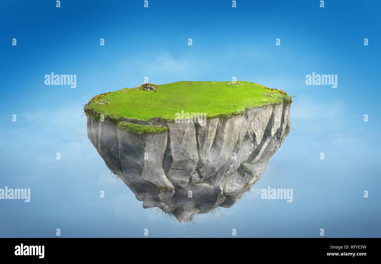 3D fantasy floating island with green grass land on blue sky, surreal ... 3D fantasy floating island with green grass land on blue sky, surreal ...