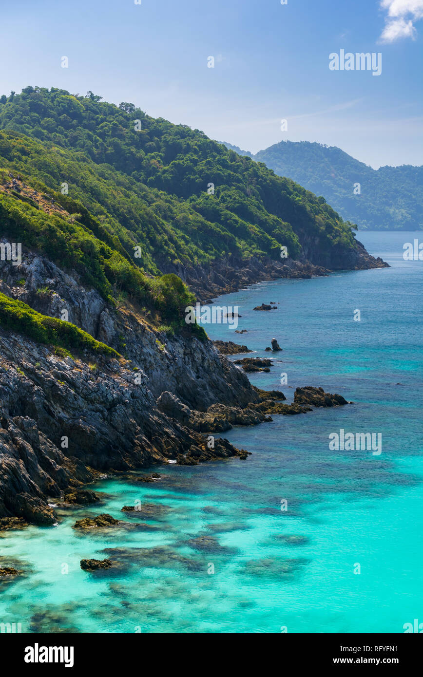 Aerial View point of Tropical white sand beach and snorkel point at ...