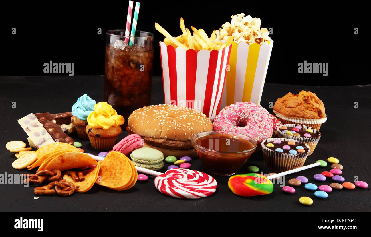 Unhealthy products. food bad for figure, skin, heart and teeth ...