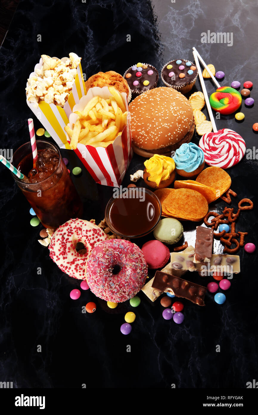 Unhealthy products. food bad for figure, skin, heart and teeth ...