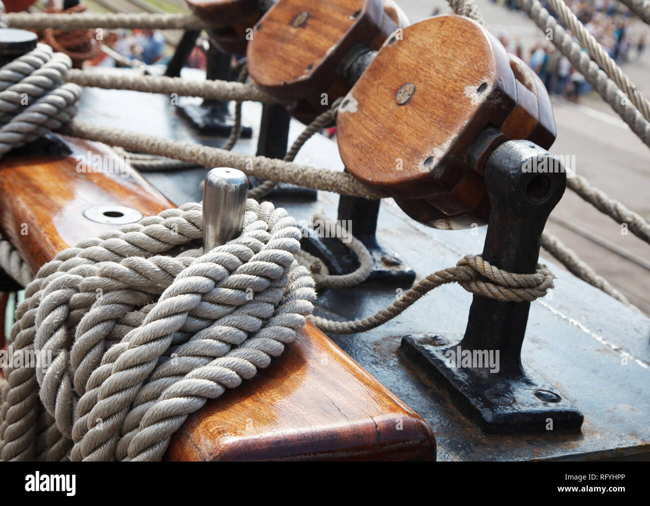 ship rigging. ropes laid near the masts outdoor closeup Stock Photo - Alamy