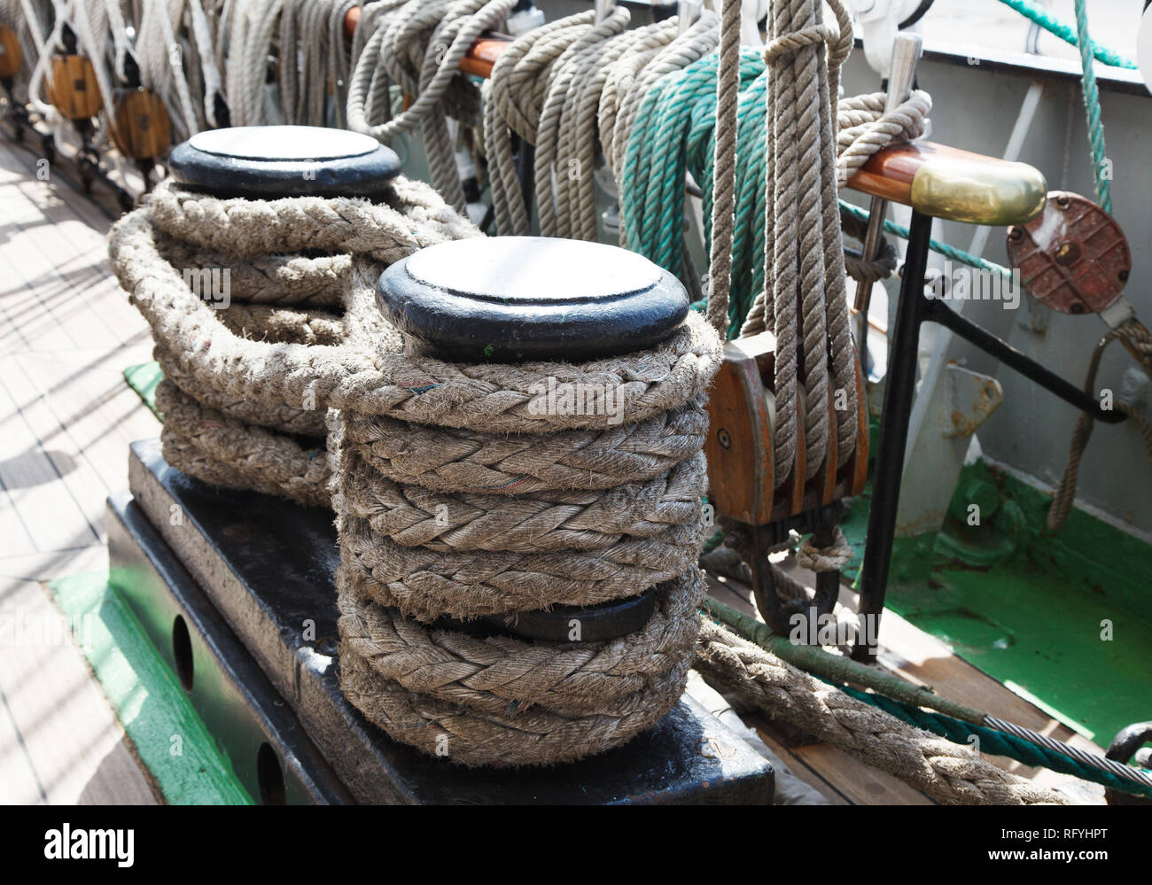 ship rigging. ropes laid near the masts outdoor closeup Stock Photo - Alamy