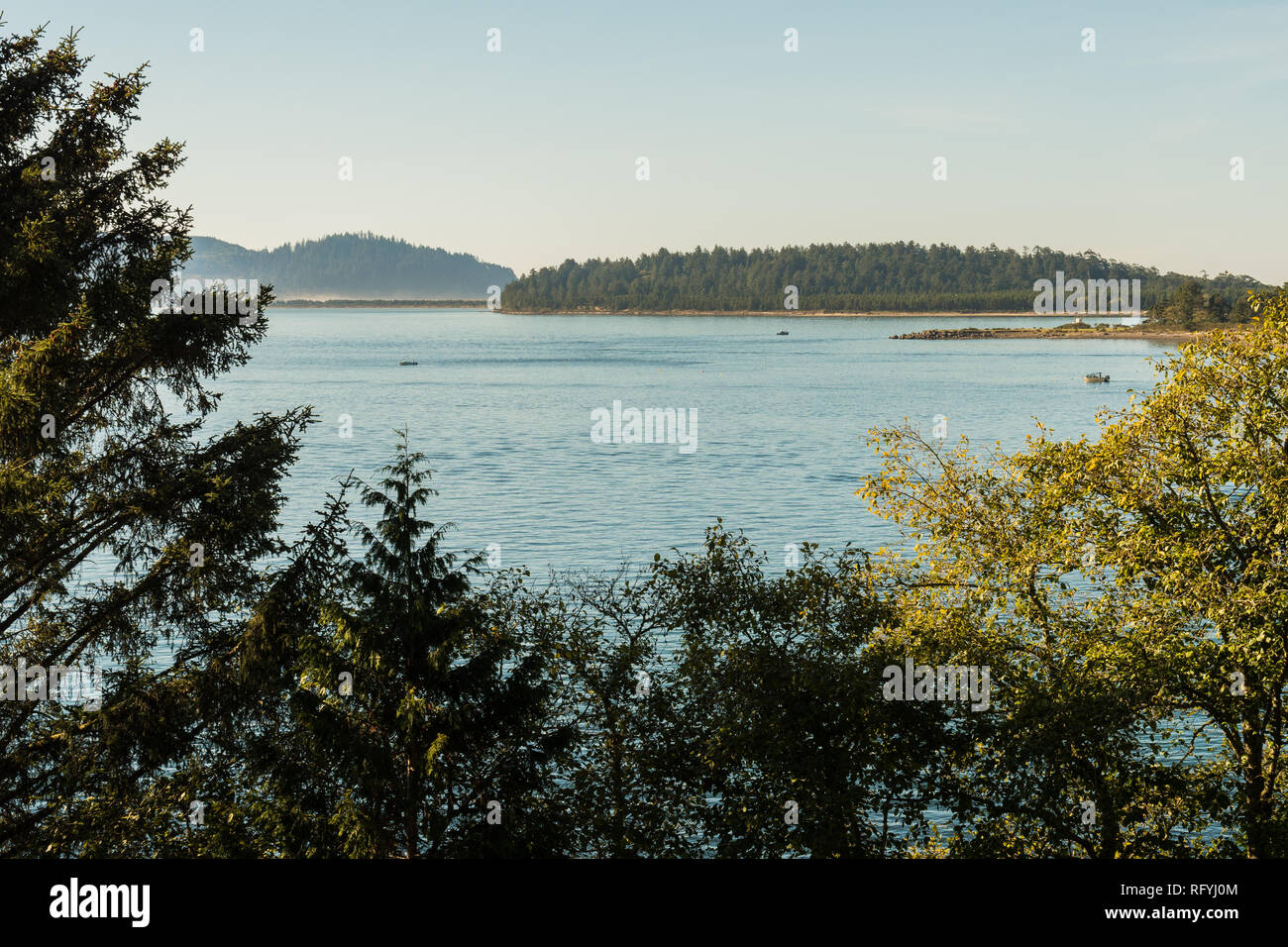 Boat sailing at sunrise in Tillamook Bay off the coast of Oregon, USA ...