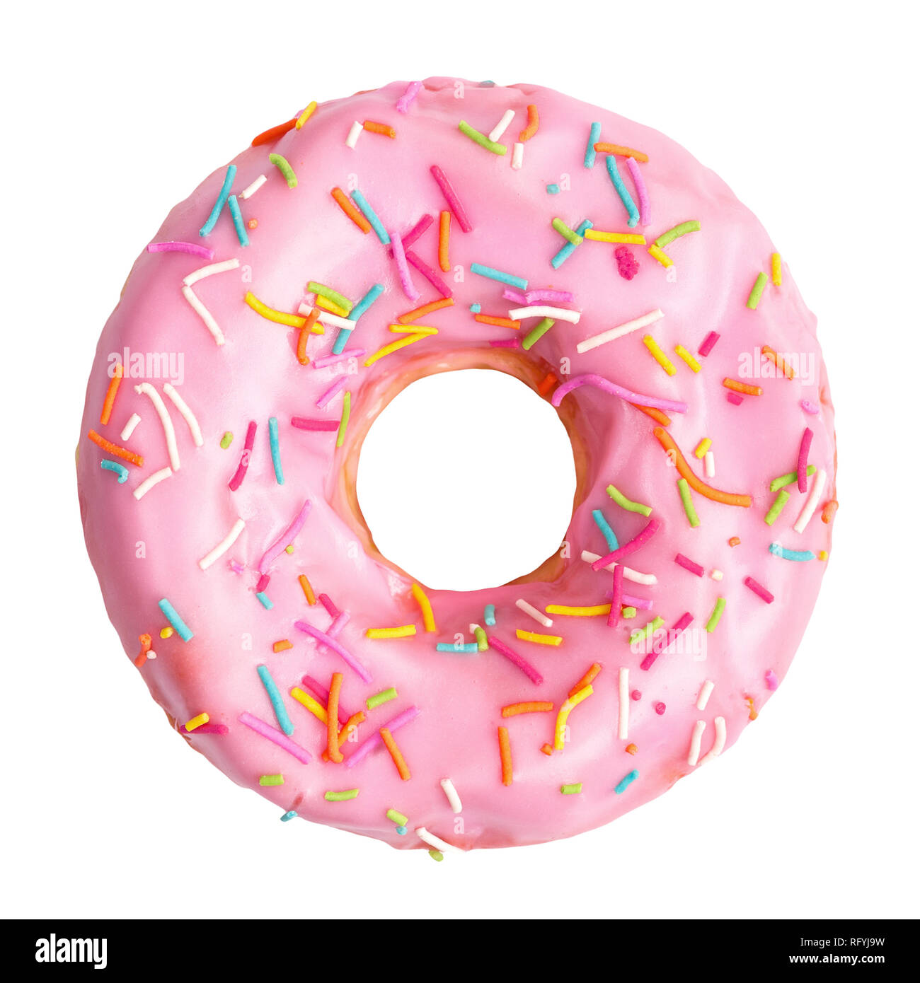 Pink donut decorated with colorful sprinkles isolated on white ...