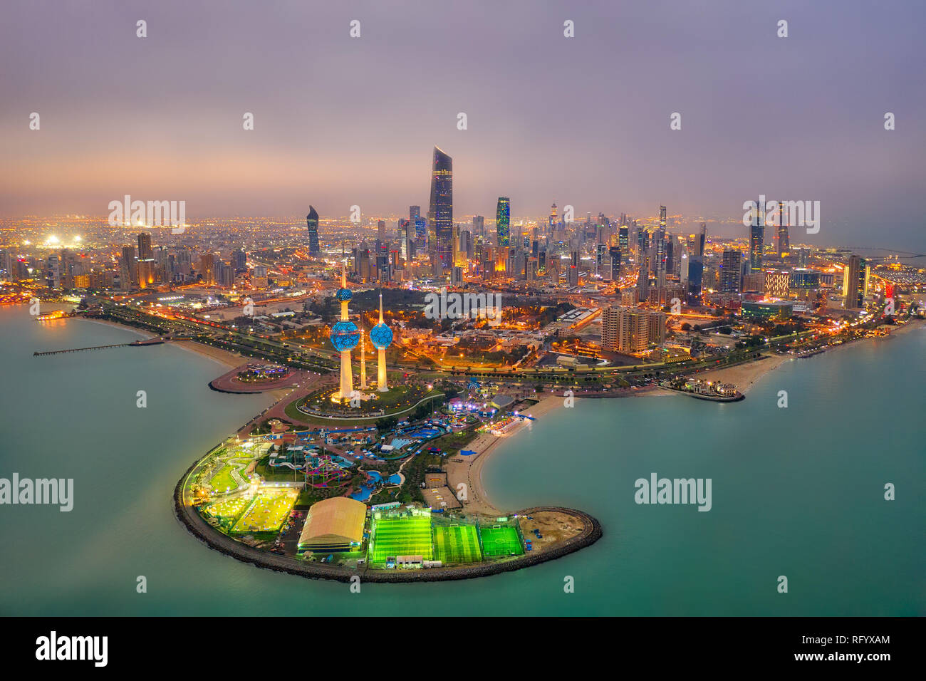 Kuwait Tower City Skyline glowing at night, taken in Kuwait in December ...