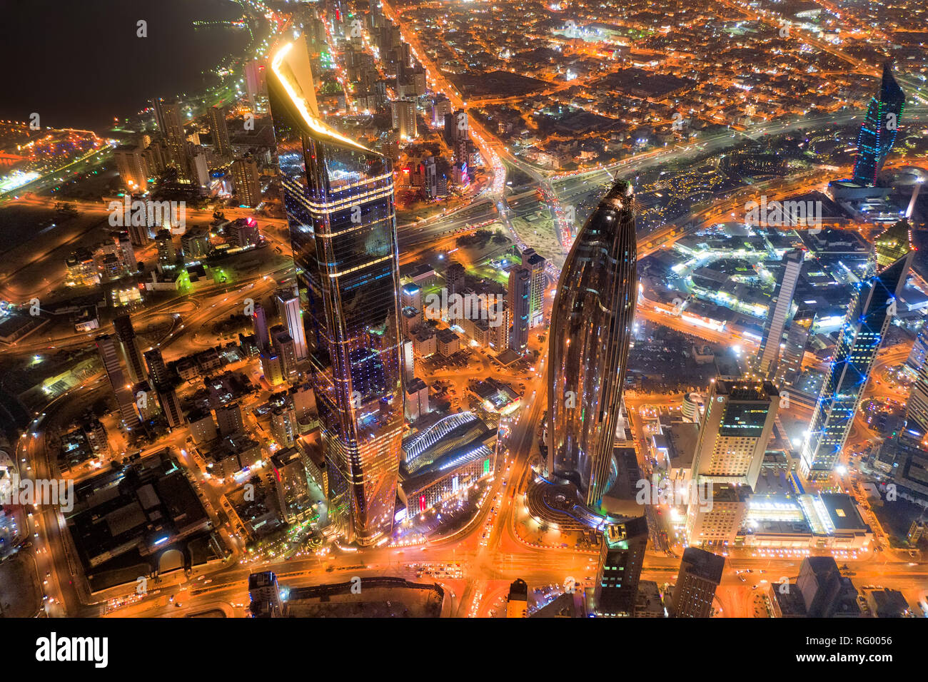 Kuwait Tower City Skyline glowing at night, taken in Kuwait in December ...