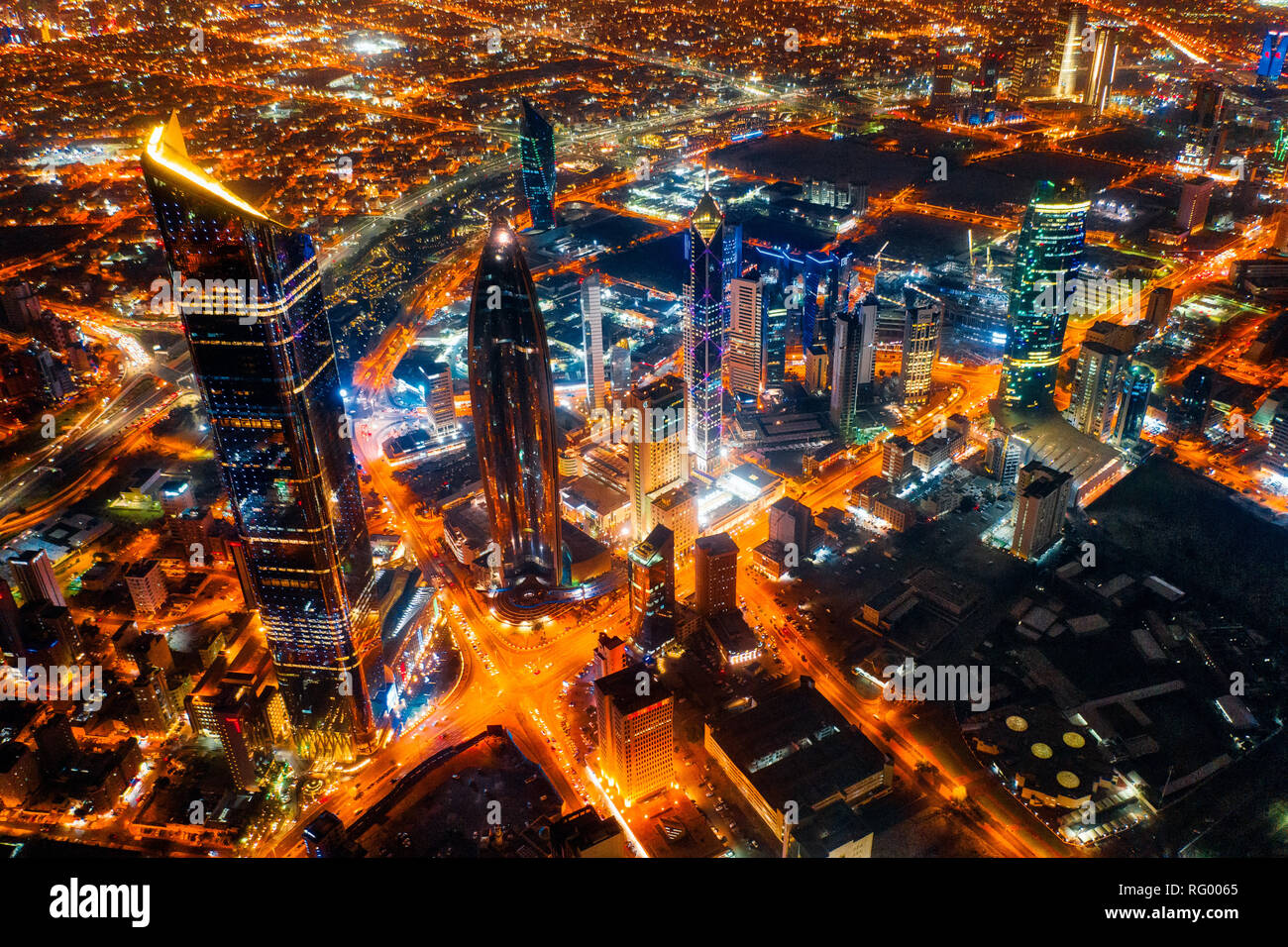 Kuwait Tower City Skyline glowing at night, taken in Kuwait in December ...