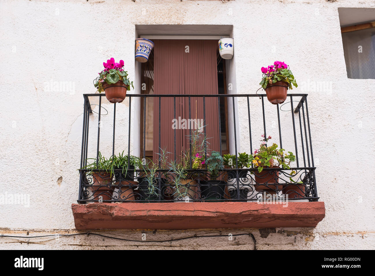 Classic balcony with flowers and green plants Stock Photo - Alamy