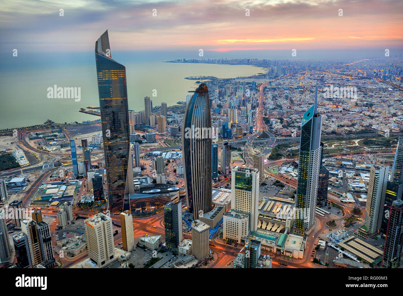 Kuwait Tower City Skyline glowing at night, taken in Kuwait in December ...